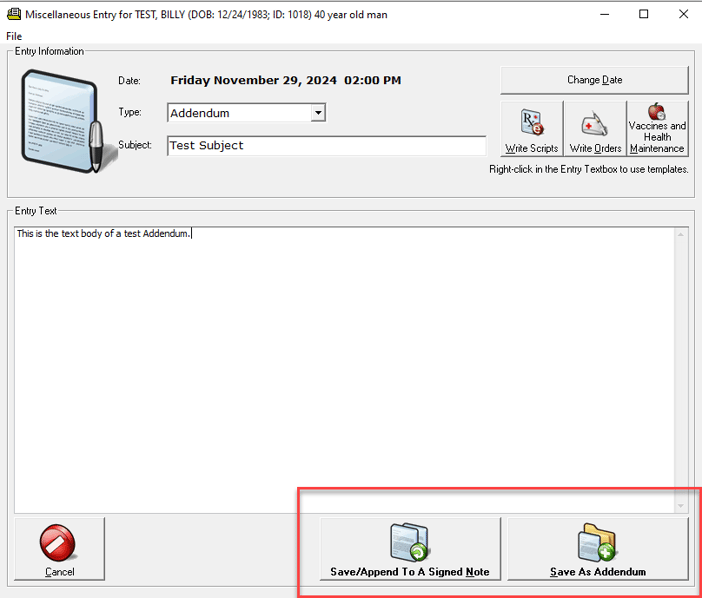 Adding an Addendum to a Patient's Chart